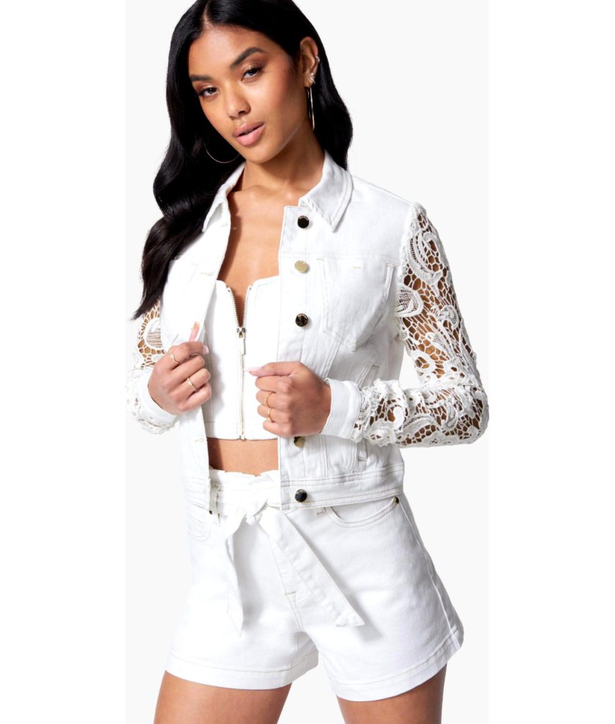 Bebe Crochet Sleeve Denim Jacket in White